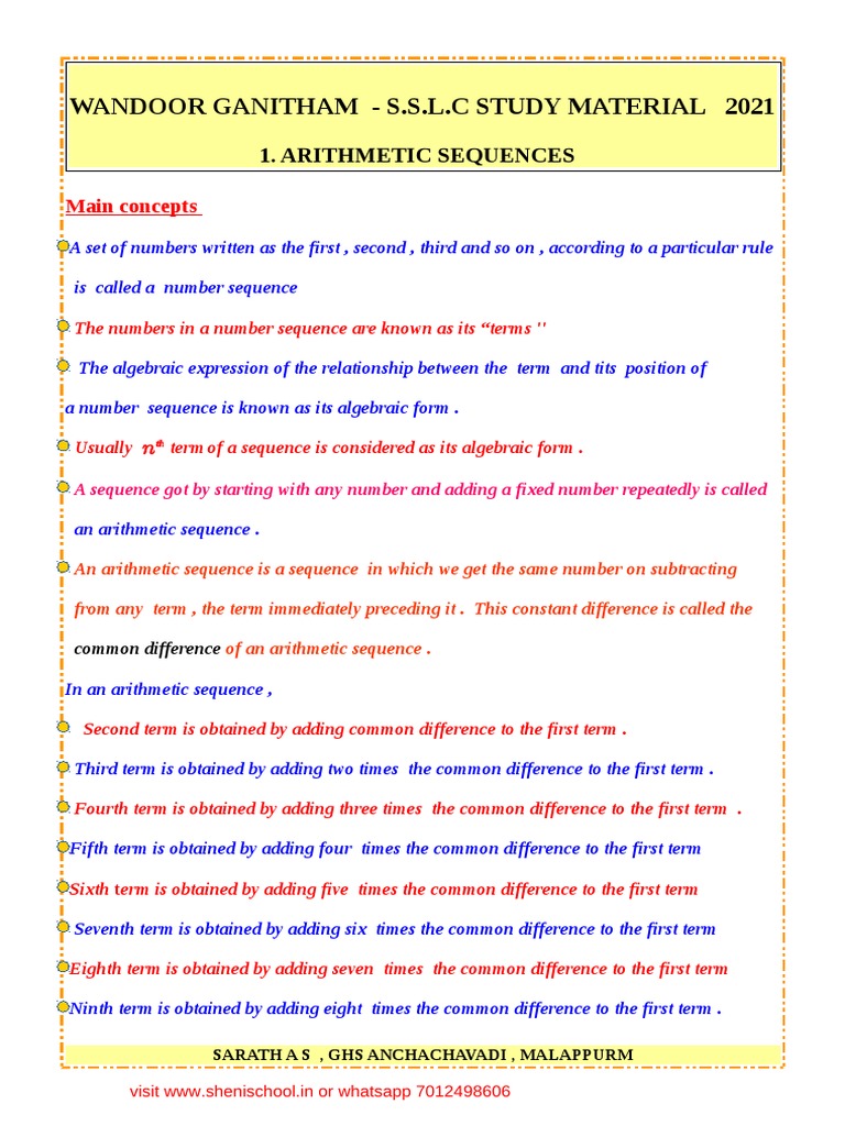 Maths Chapter 1 Arithmetic Sequences Focus Area Notes By Sarath Sir