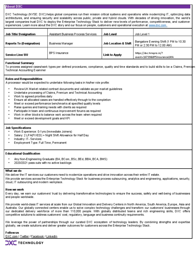 JD - DXC Technology - BPS Insurance (LMA) - Assistant Business Process ...