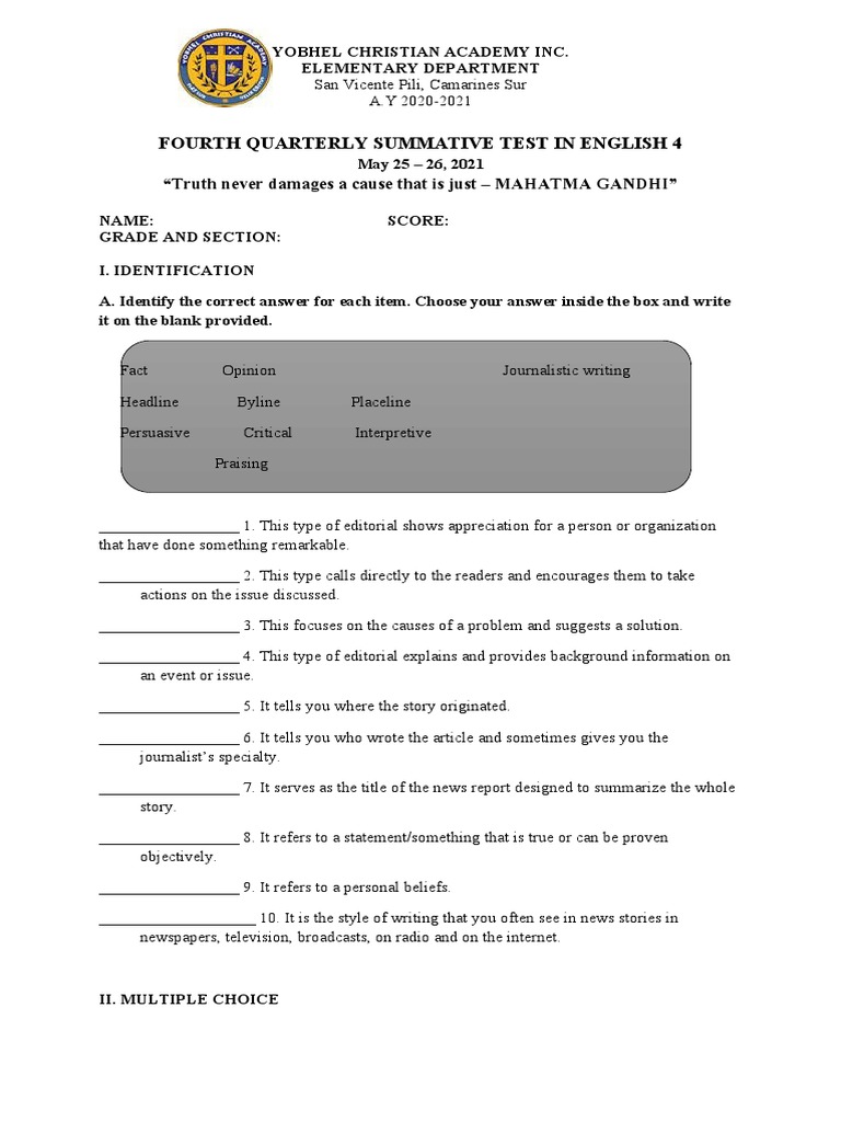 Fourth Quarterly Summative Test in English 4 | PDF | News | Hero