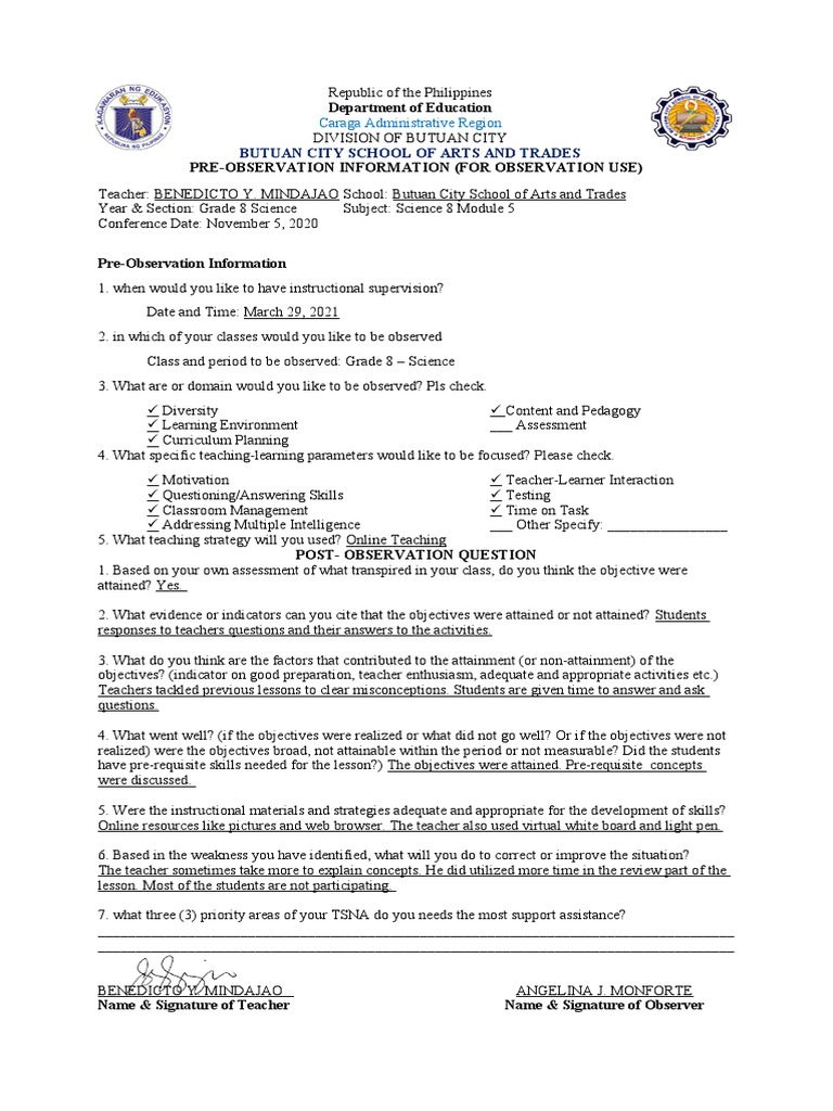 Pre Observation Information For Observation Use | PDF | Teachers ...