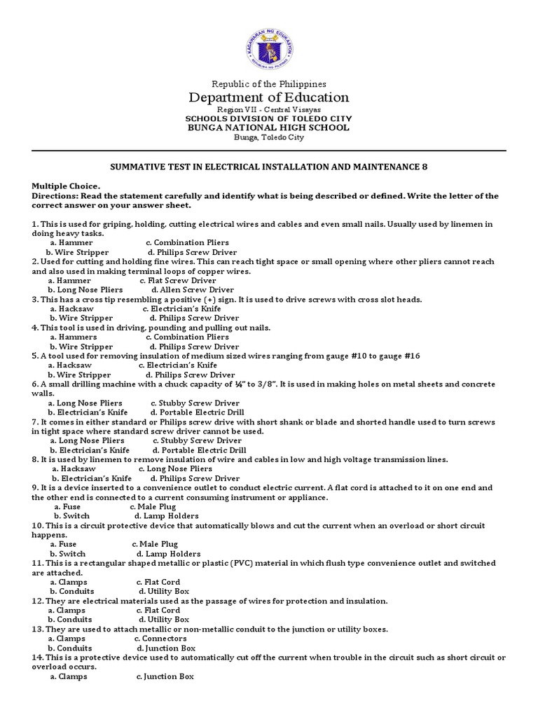 Summative Test in EIM 8 | PDF | Electrical Connector | Fuse (Electrical)