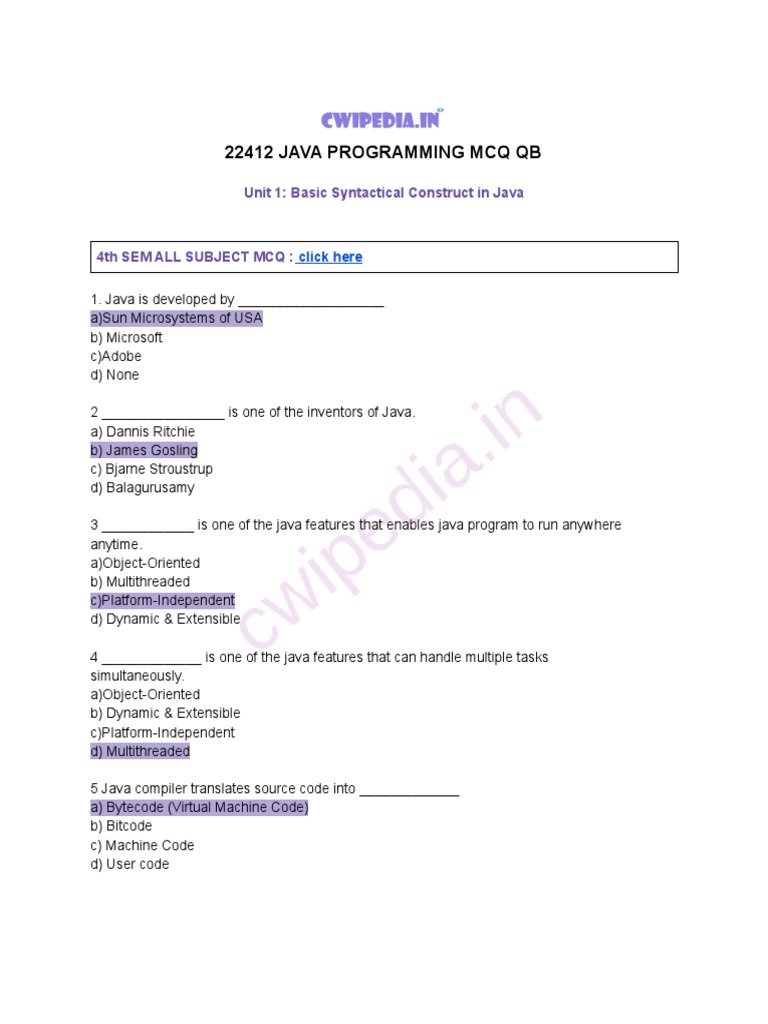22412 Java Programming Mcq Qb Unit 1 Basic Syntactical Construct In Java Pdf Java Virtual
