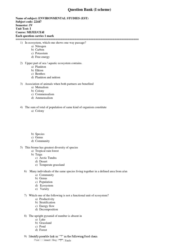 Environmental Studies Question Bank 22447 | PDF | Food Web | Ecosystem