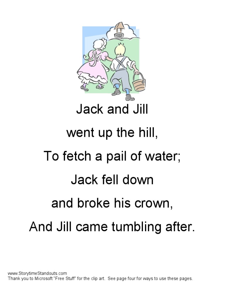 Jack and Jill Went Up The Hill, To Fetch A Pail of Water Jack Fell Down ...