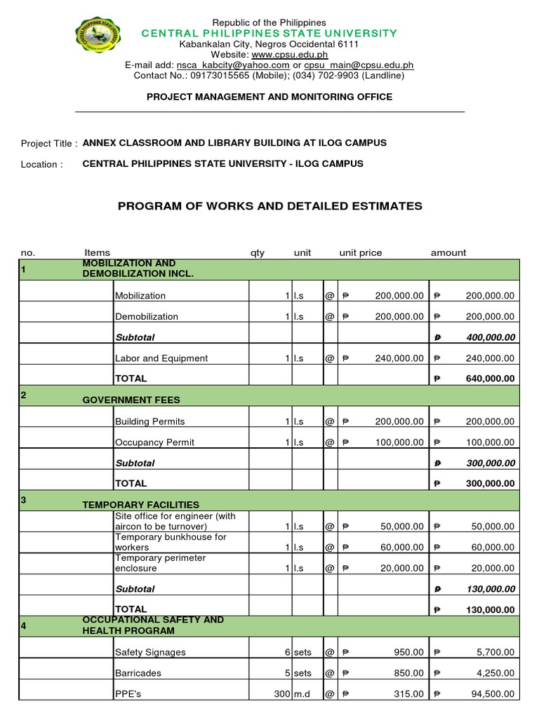 Program of Works and Detailed Estimates: Central Philippines State ...