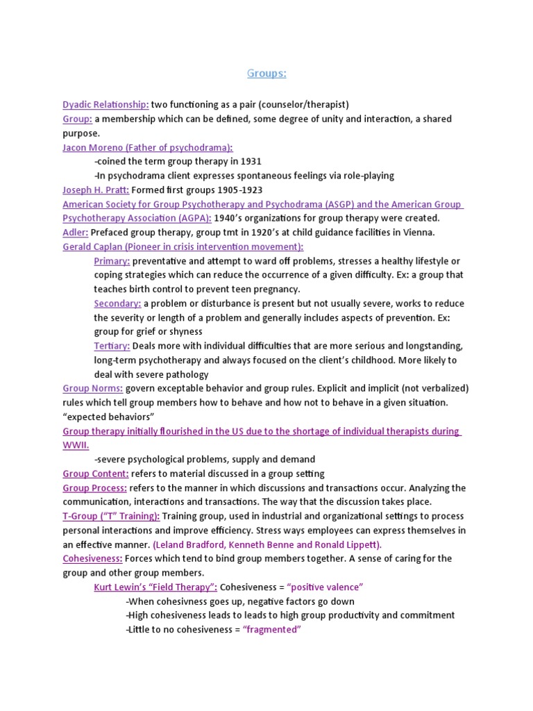 NCE STUDY NOTES - Group Therapy | PDF | Group Psychotherapy | Psychotherapy