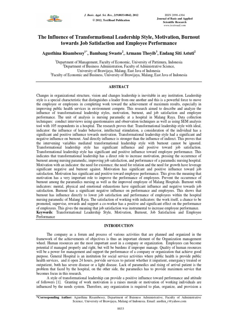 The Influence of Transformational Leadership Style, Motivation, Burnout Towards Job Satisfaction ...