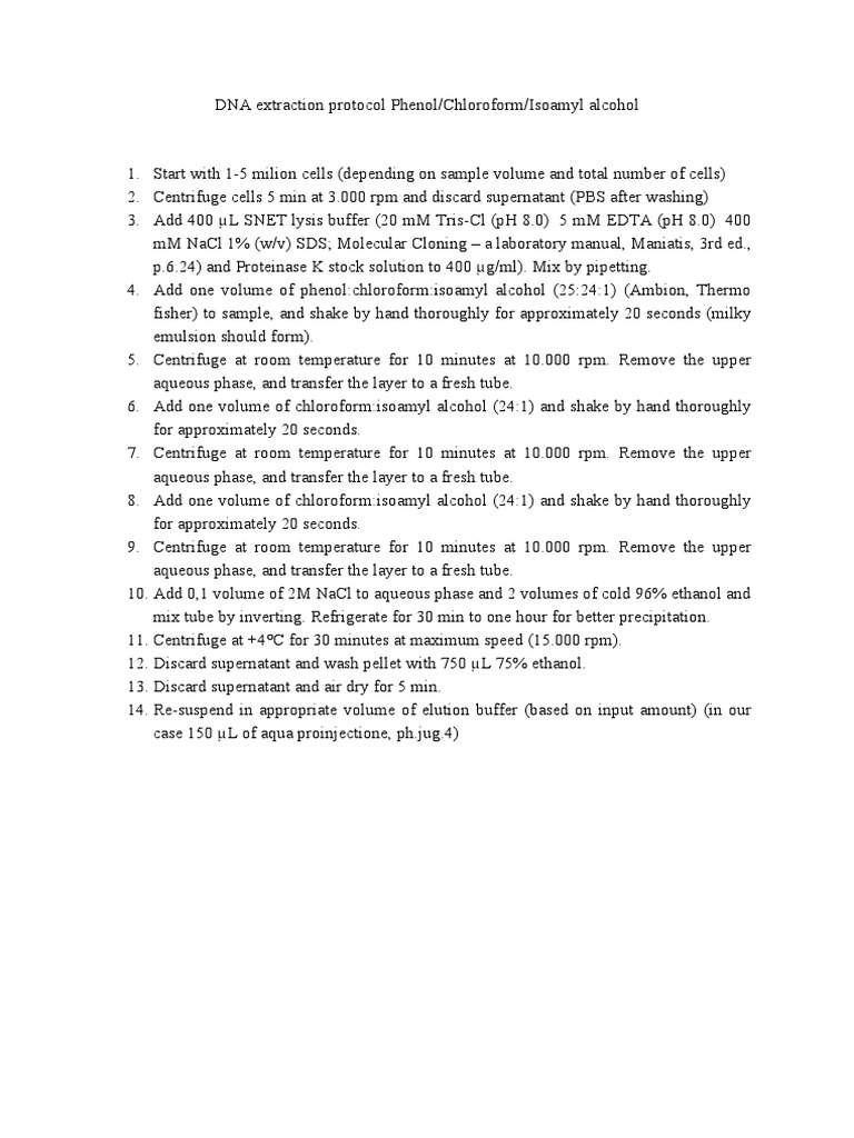 DNA Extraction Protocol Phenol Chloroform Isoamyl Alcohol | PDF