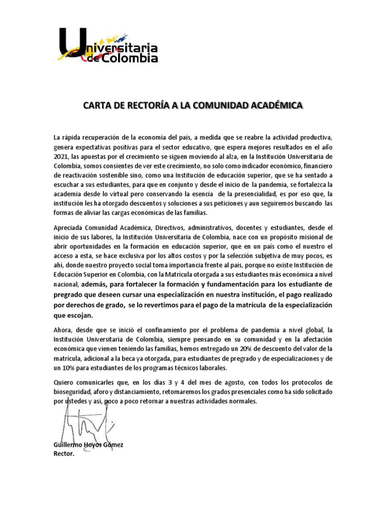 Carta Rector Comunidad Académica | PDF