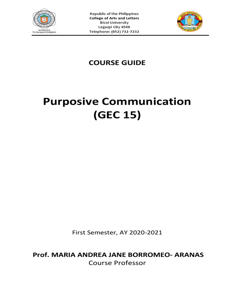Course Guide For PurCom ARCHITECTURE | PDF | Distance Education | Communication