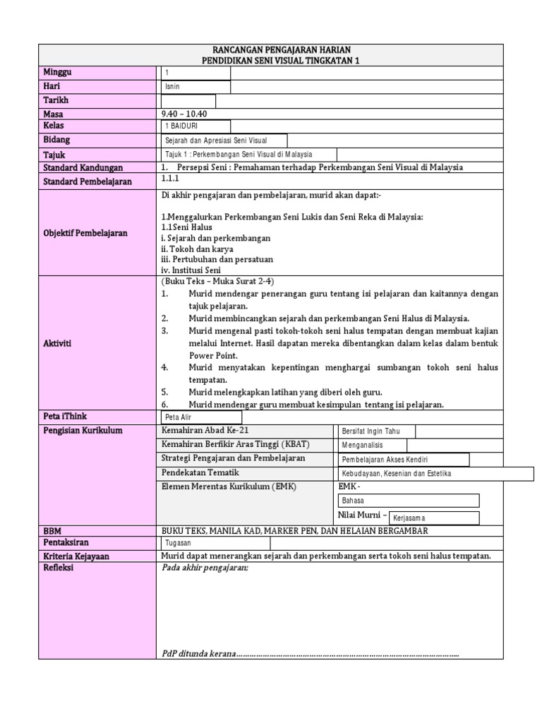 Contoh Penulisan RPH Ting 1 KSSM 2021 - PSV | PDF