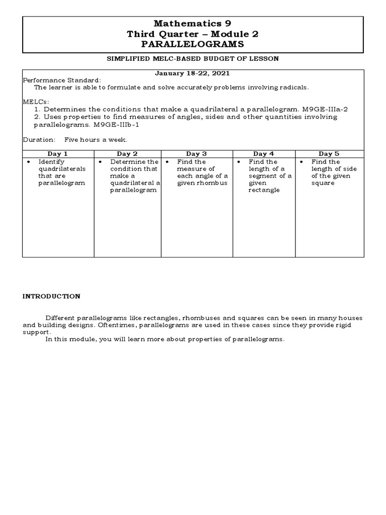 Mathematics 9 Third Quarter - Module 2 Parallelograms | PDF | Rectangle ...