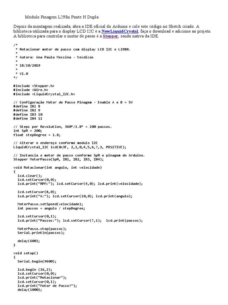 Rotacionando Motor de Passo Com Arduino e Display LCD I2C | PDF