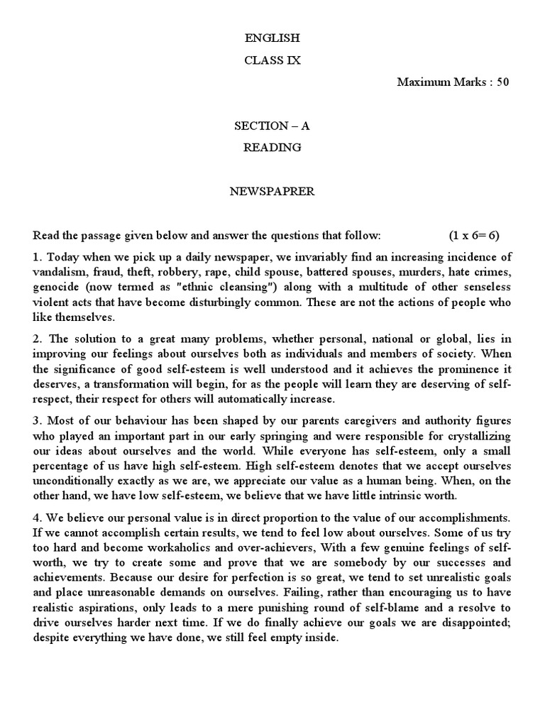 English Question Paper Class 9 | PDF | Envy | Self Esteem