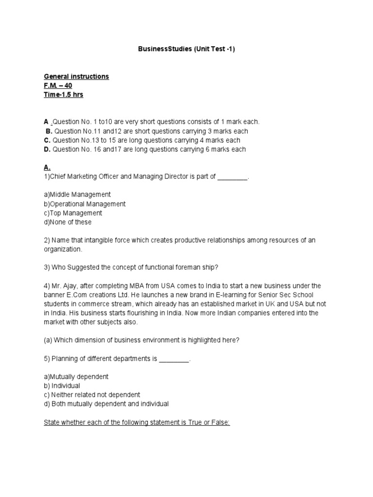 Business Studies (Unit Test) | PDF | Business | Economies