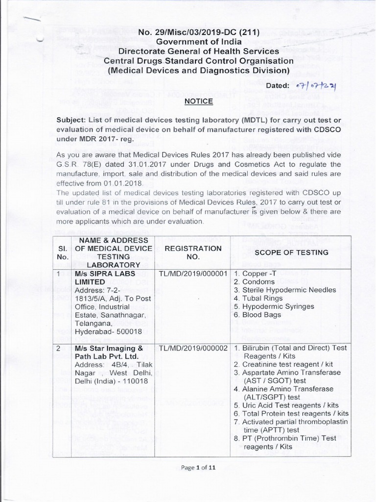 List of MDTL Updated On 07 - 07 - 2021 - MED DEV TESTING LABS Listed by ...