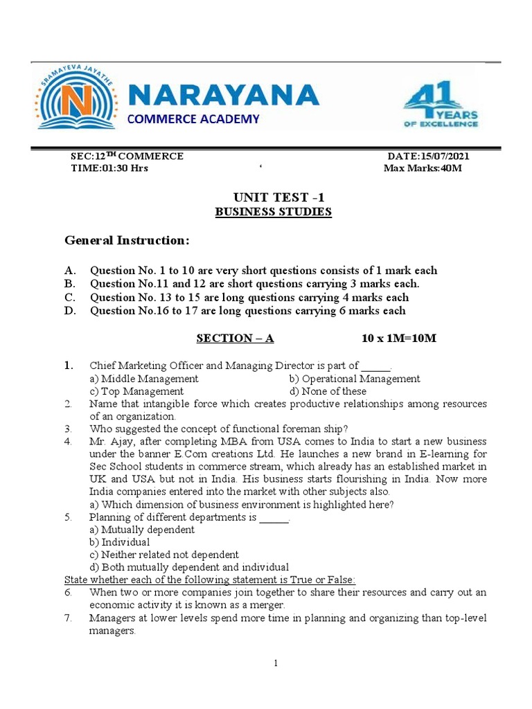Xii Commerce Unit Test-1 Exam B.S.T. Q.paper DT.2021 | PDF | Economies ...