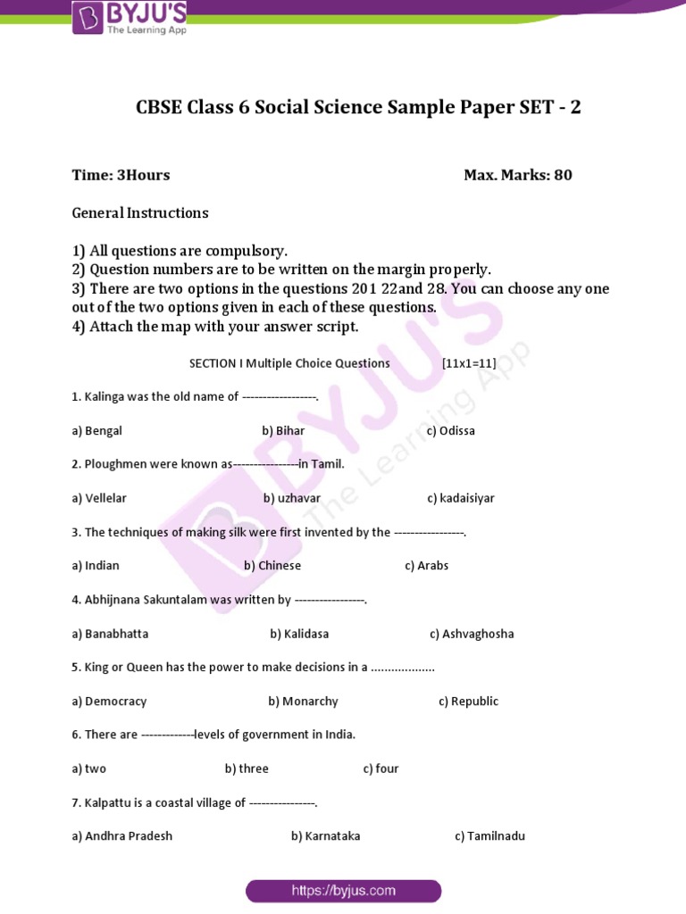 CBSE Class 6 Social Science Sample Paper SET 2 | PDF