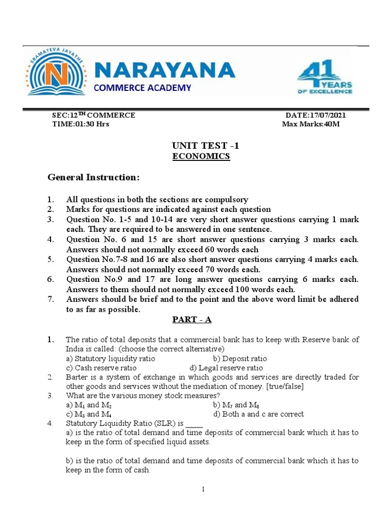 SEC:12TH COMMERCE UNIT TEST -1 ECONOMICS | PDF | Gross Domestic Product ...