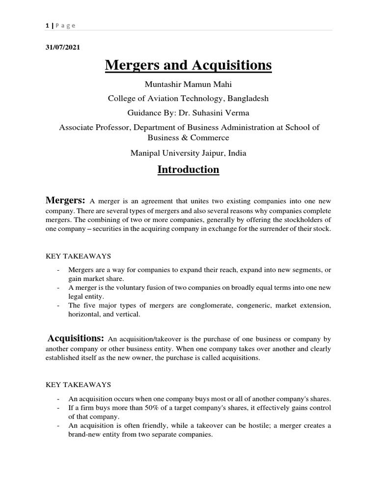 Mergers and Acquisitions Report | PDF | Takeover | Mergers And Acquisitions