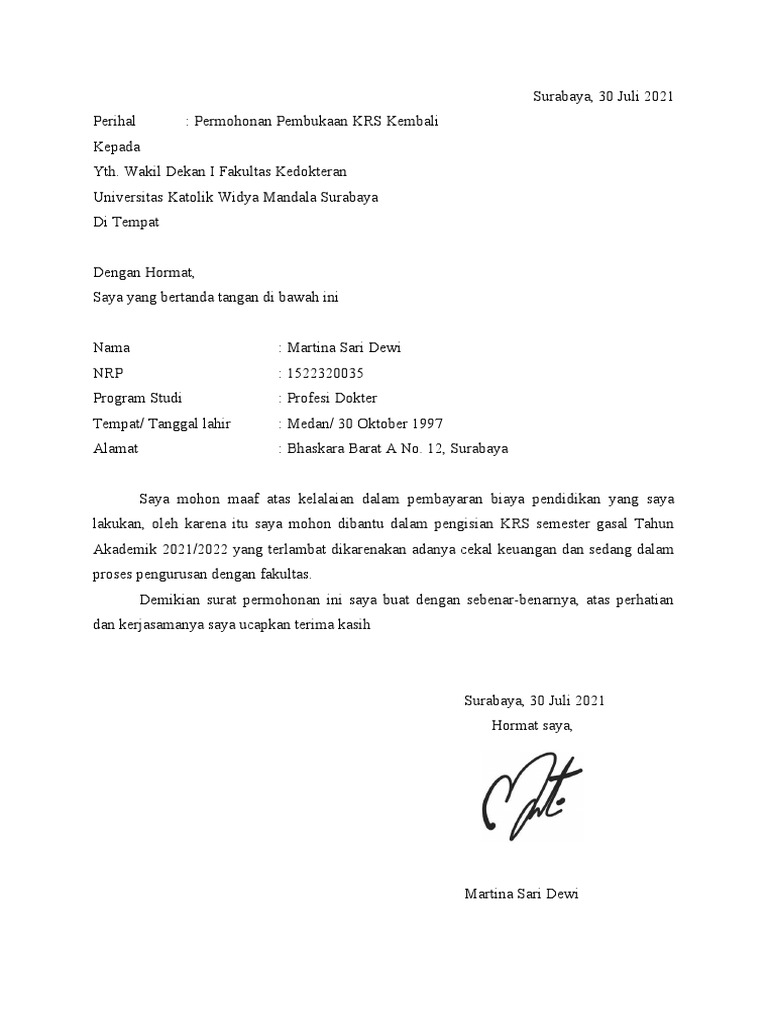 Surat Permohonan Mengisi KRS | PDF