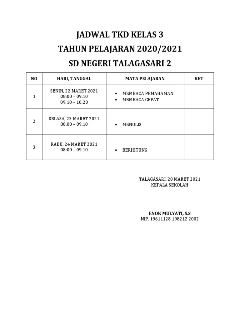 Jadwal TKD Kelas 3 | PDF