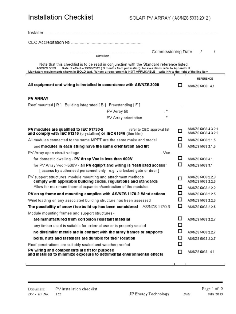 Pv Installation Checklist Iss 1 22 Download Free Pdf Electrical