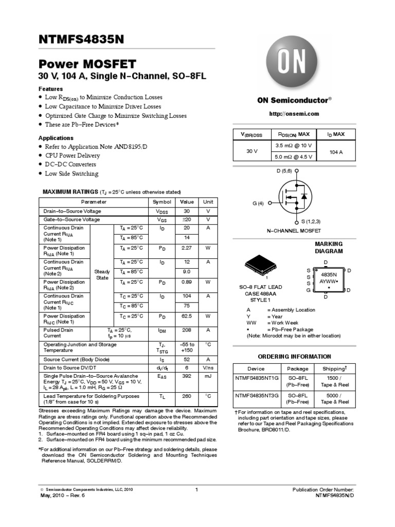 NTMFS4835NT1G - Power MOSFET 30 V, 104 A, Single N Channel, SO 8FL - ON ...
