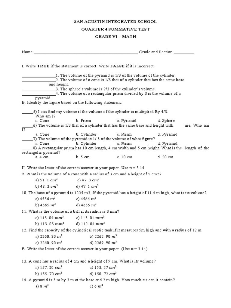 Grade 6 Math 4th Quarter Summative Test | PDF | Volume | Sphere