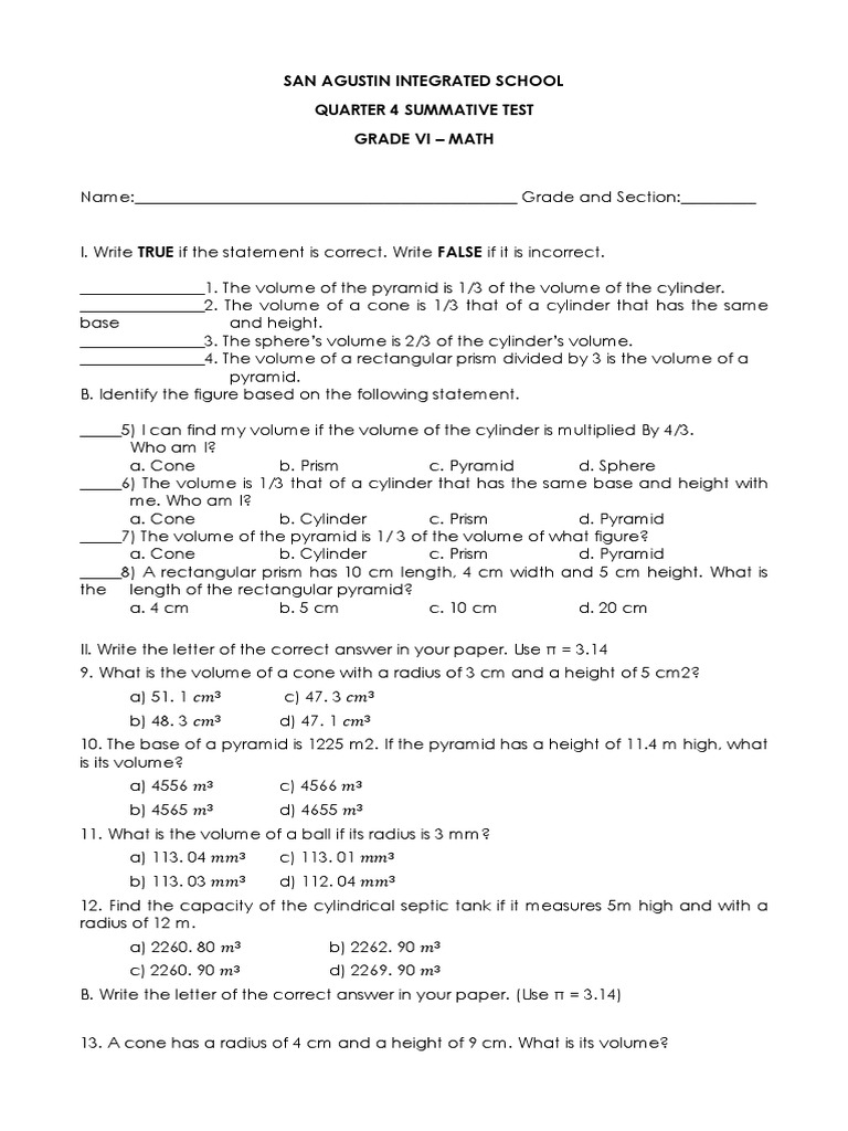 Grade 6 Summative Test 4TH Quarter | PDF | Volume | Sphere