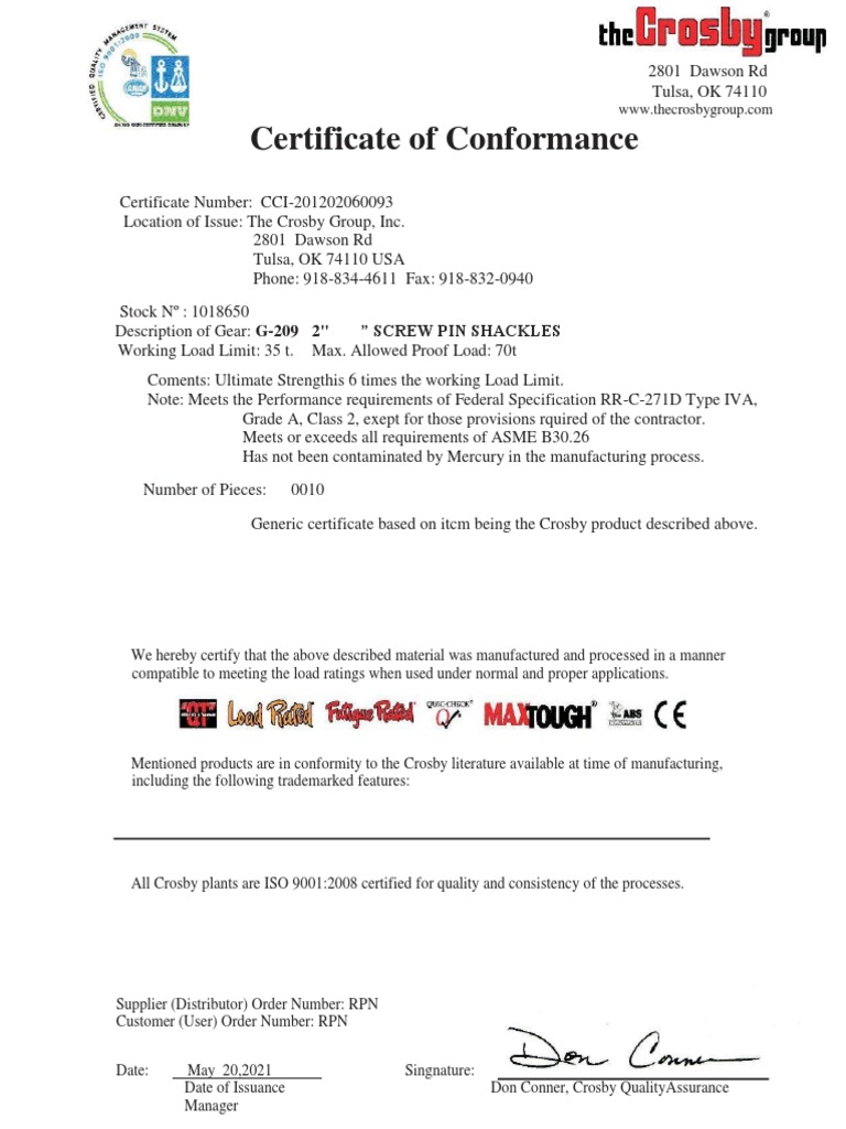 Certificate of Conformance: " Screw Pin Shackles | PDF | Iso 9000 ...