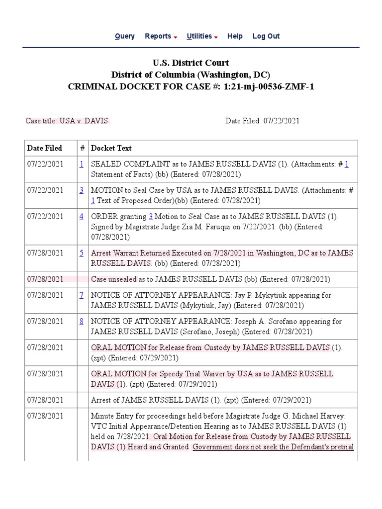 USA V James Davis 8-1-2021 Docket Report | PDF | Complaint | Courts
