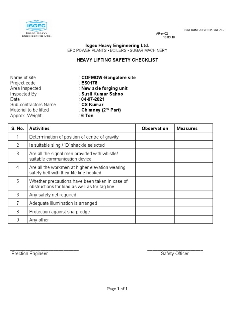 18-A HEAVY LIFTING CHECKLIST - ISGECIMSSPOCP-04F-18 Rev-01 | PDF