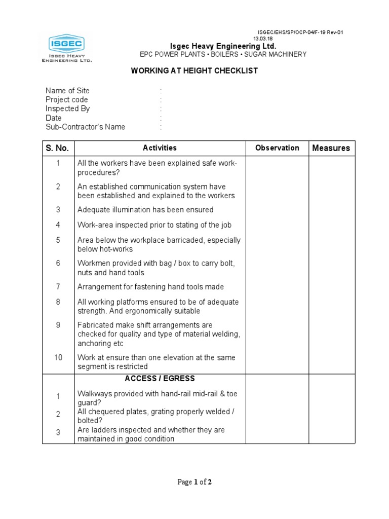 Working at Height Checklist Safety Procedures | PDF | Ladder | Stairs