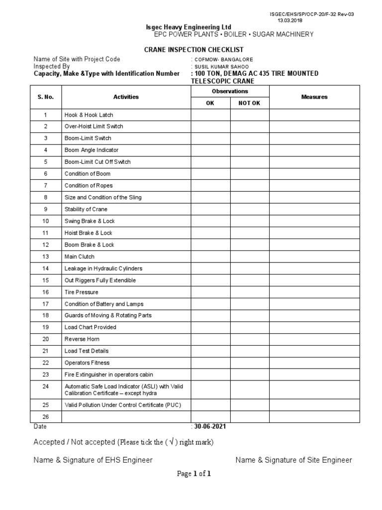 Crane Inspection Checklist Form F-32 | PDF | Technology & Engineering