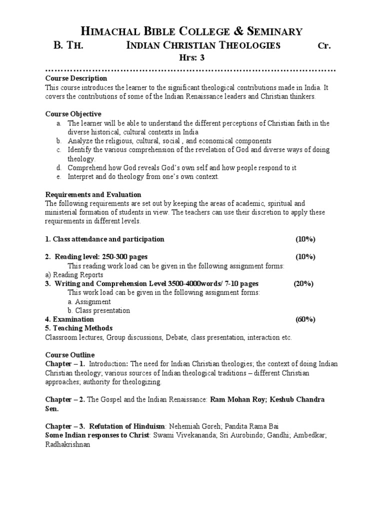 Syllabus Indian Christian Theology (ICT) | PDF | Theology | Teaching Method