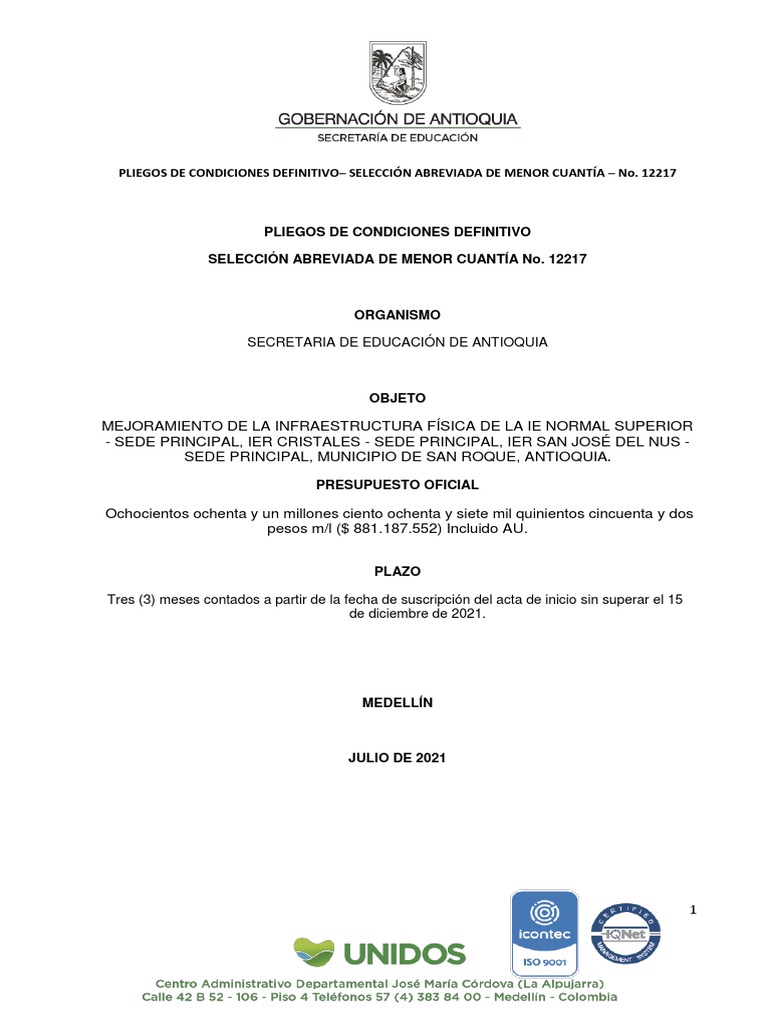 Pliegos de Condiciones Definitivos Proceso 12217 - 26072021 | PDF | Pequeñas y medianas empresas ...