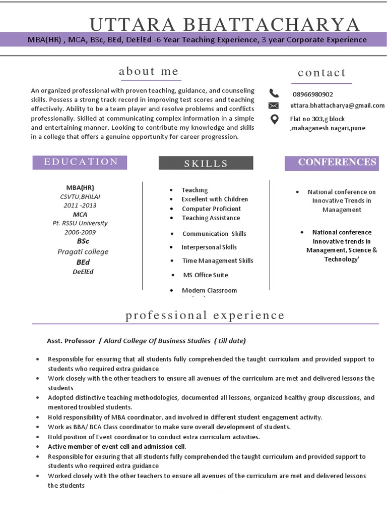 Uttara Bhattacharya: About Me Contact | PDF | Curriculum | Master Of ...