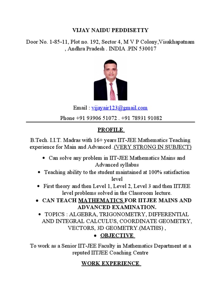 Resume IITJEE | PDF | Teaching Mathematics | Equations