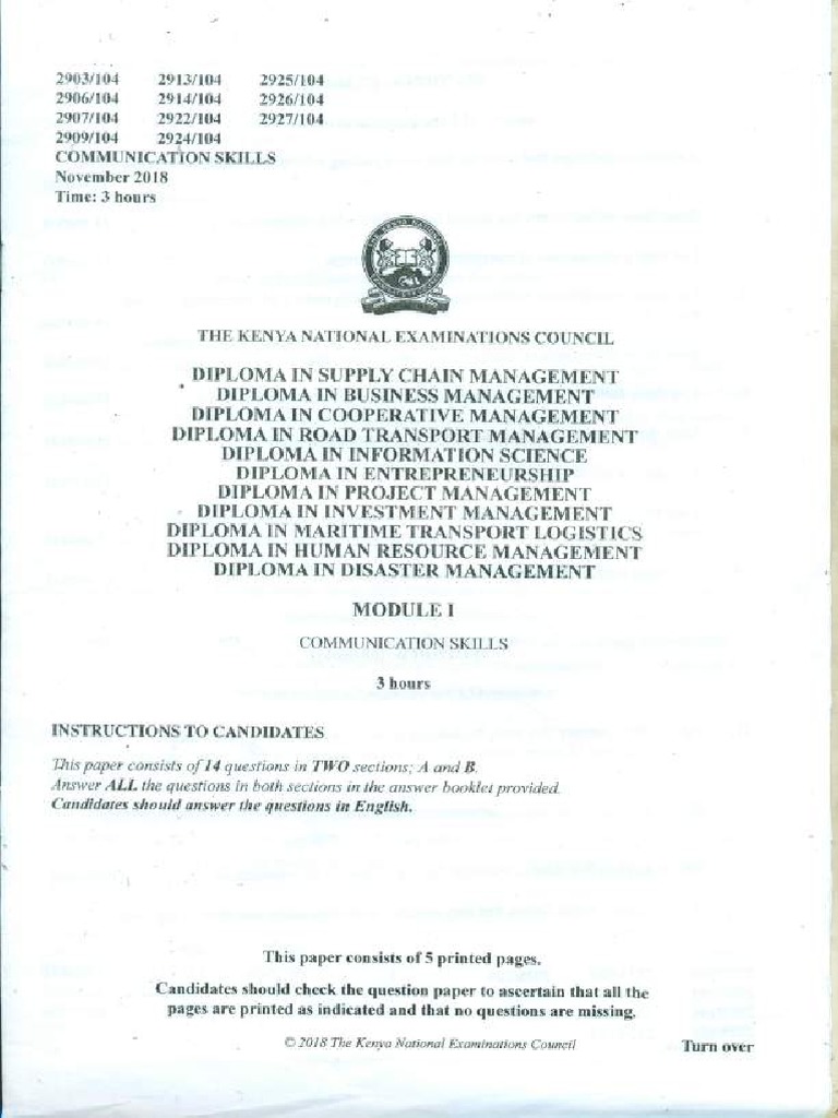 Communication Skills KNEC Past Papers Nov 2018 | PDF