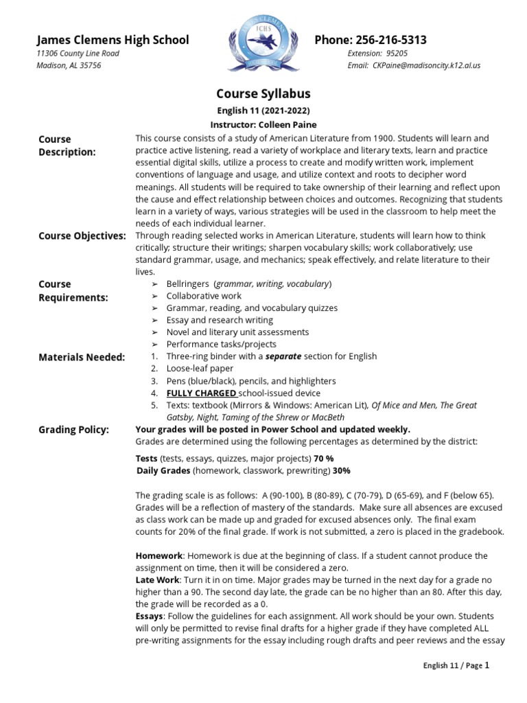 English 11 Course Syllabus 2021-2022 | PDF | Turnitin | Educational ...