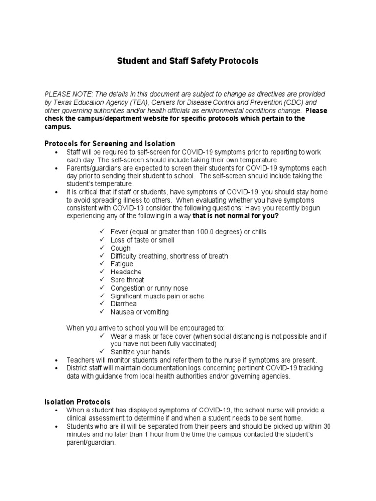 Student and Staff Safety Protocols | PDF | Epidemiology | Public Health