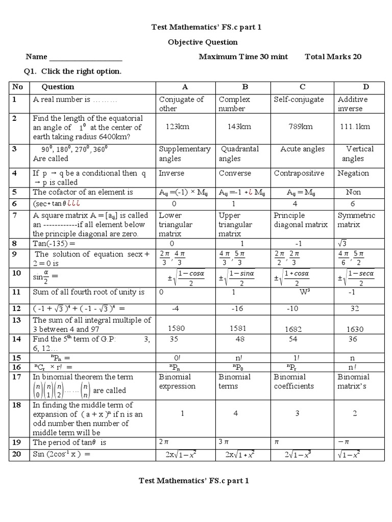 Test Mathematics FSC PART 1 FULL BOOK | PDF | Trigonometric Functions ...
