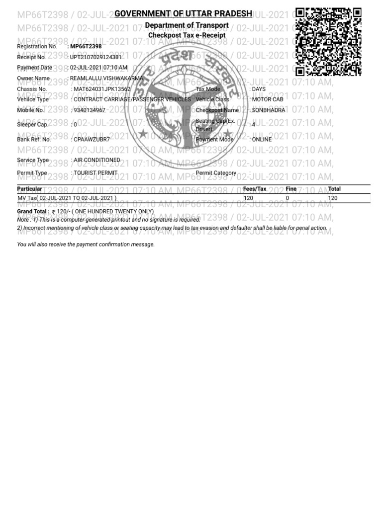 Department of Transport: Checkpost Tax E-Receipt | PDF | Land Vehicles ...