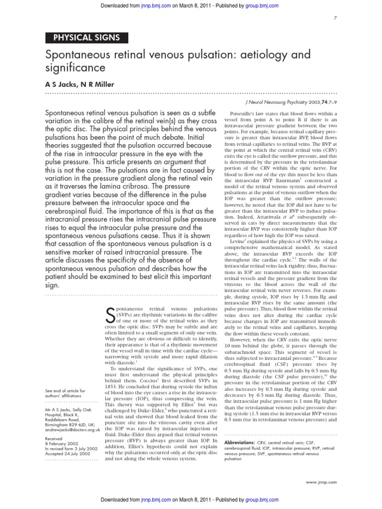 Retinal Venous Pulsation and Intracranial Pressure | PDF | Vein | Blood ...