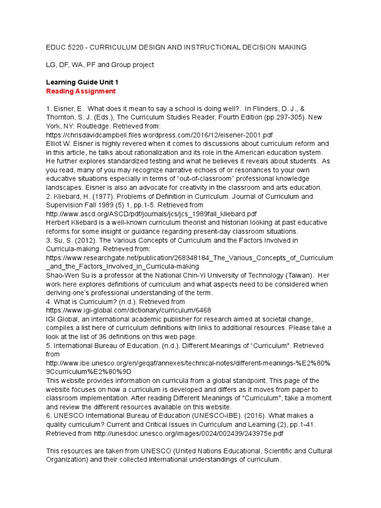 Learning Guide Unit 1: Reading Assignment | PDF | Curriculum | Rubric (Academic)