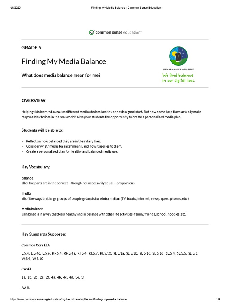 Finding My Media Balance - Common Sense Education | PDF | Learning ...