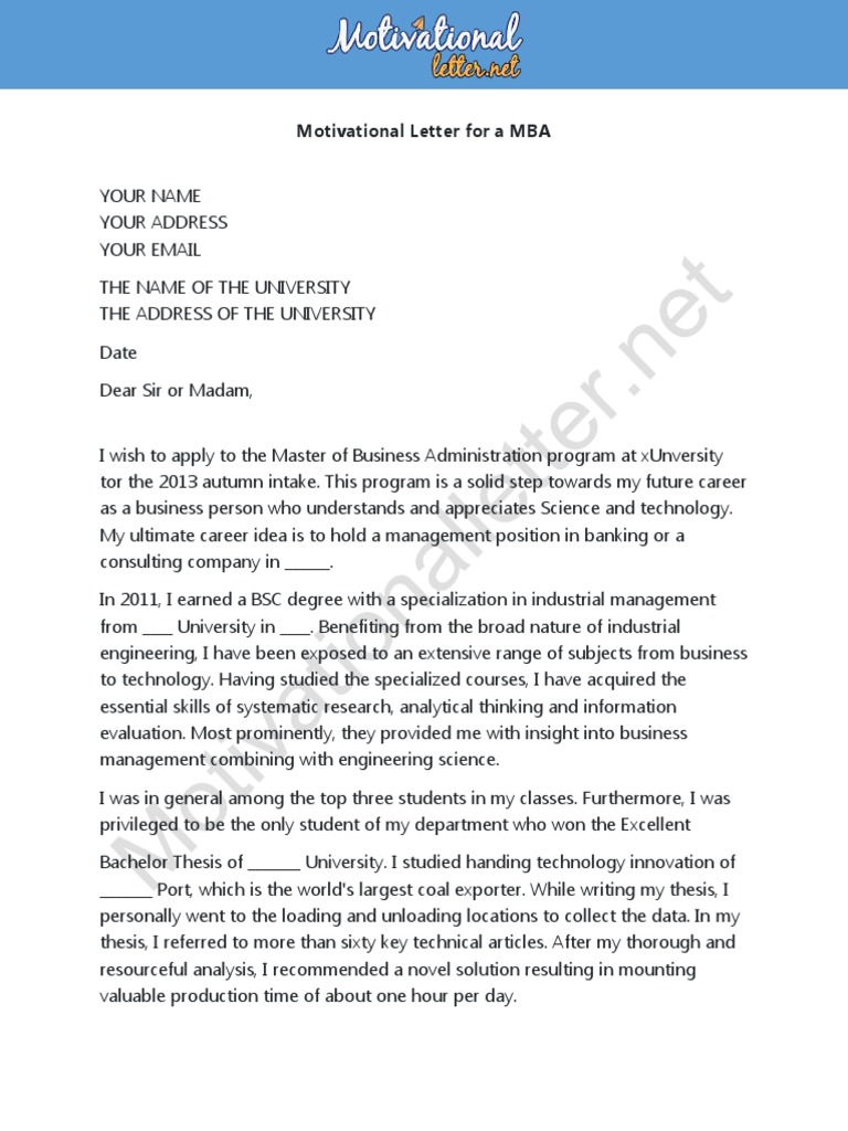 Motivational Letter For A MBA | PDF