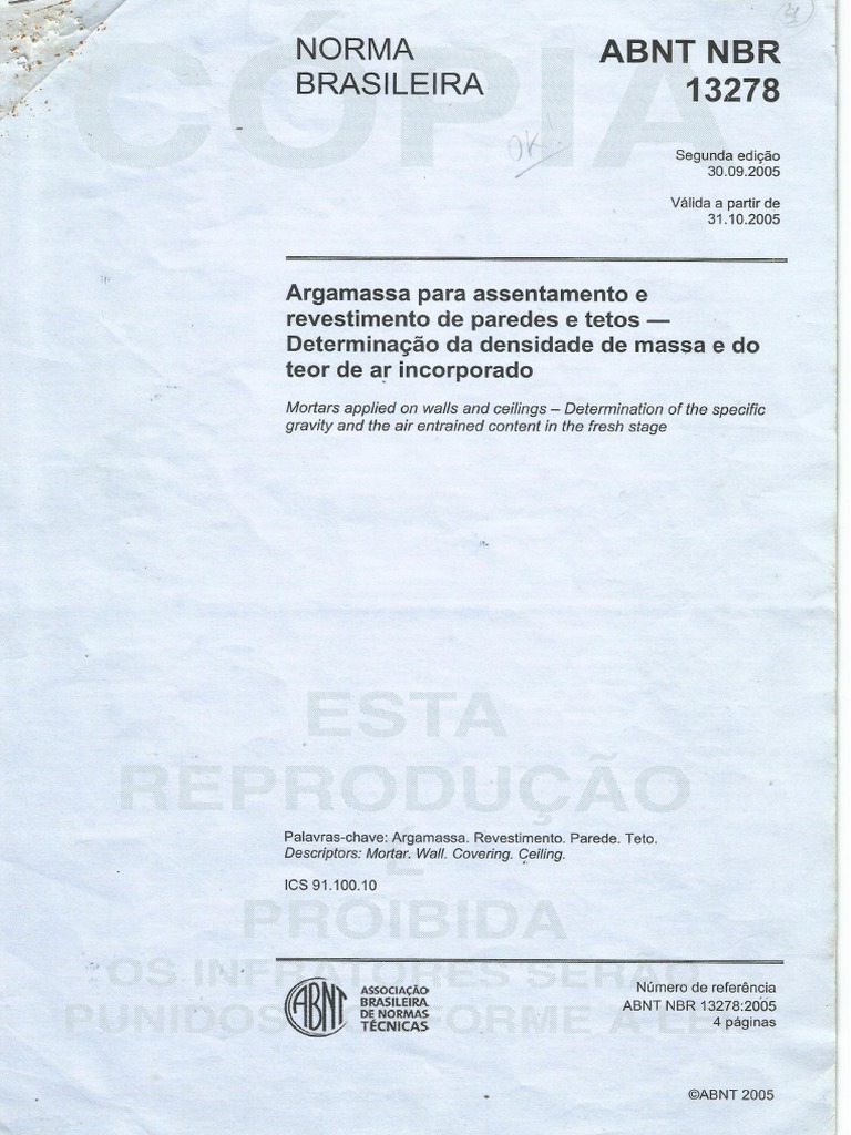 NBR 13278 - Densidade de Massa e Teor de Ar Incorporado | PDF