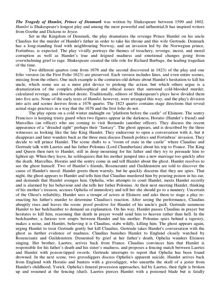 Hamlet Is Shakespeare's Longest Play and Among The Most Powerful and ...